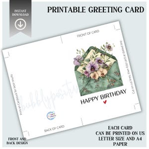 Printable Flowers in Envelope Card, Vintage Green Floral Theme, Digital ...