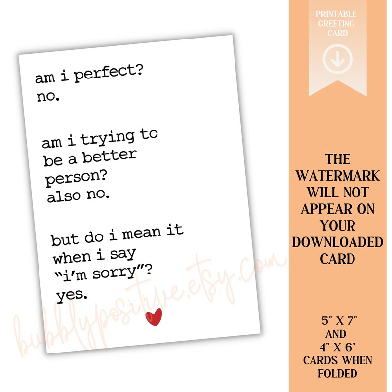 Funny Apology Card: Sincere Printable Sorry Card (digital Download) - Etsy