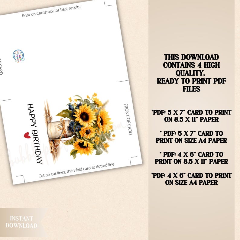Sunflower Bouquet Birthday Card, Printable Floral Design (digital ...