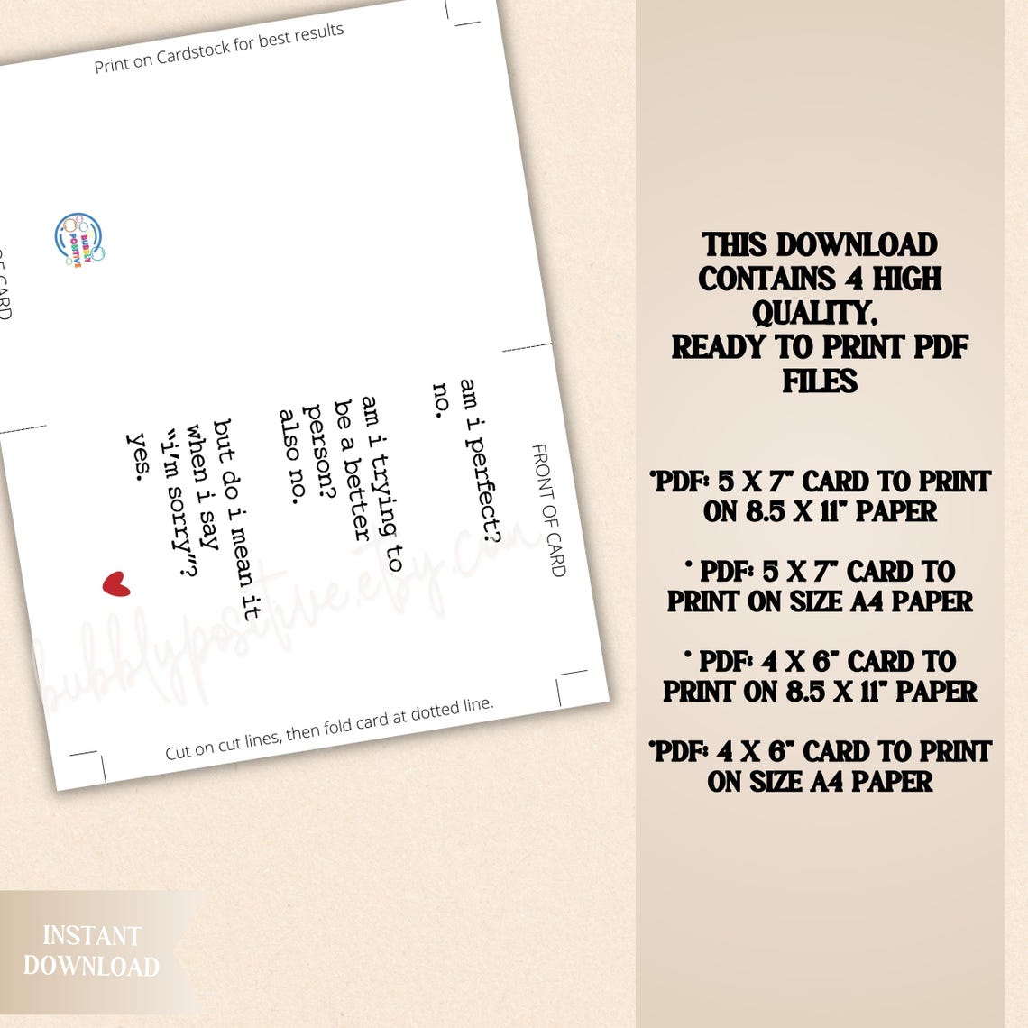 Funny Apology Card: Sincere Printable Sorry Card (digital Download) - Etsy