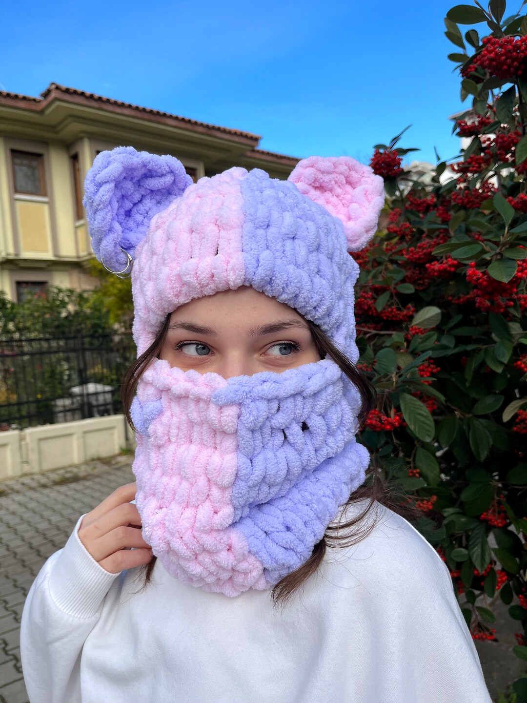 Two-color Wool,pink-lilac Teddy Bear Ear Balaclava,daily Use Ski Mask ...