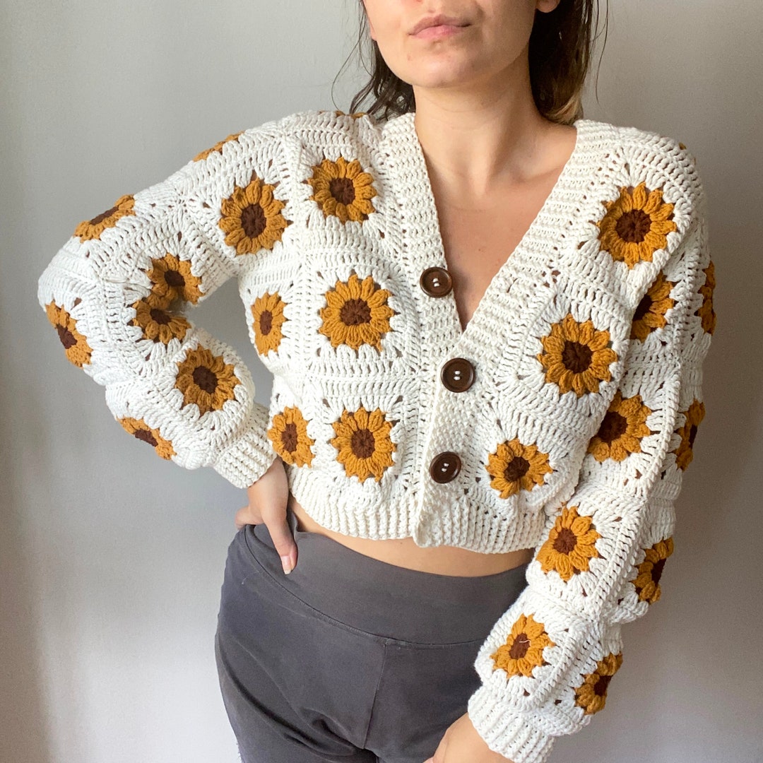 Sunflower, Crop Cardigan Cotton, Anti-sweat Cardigan Handmade Crochet ...
