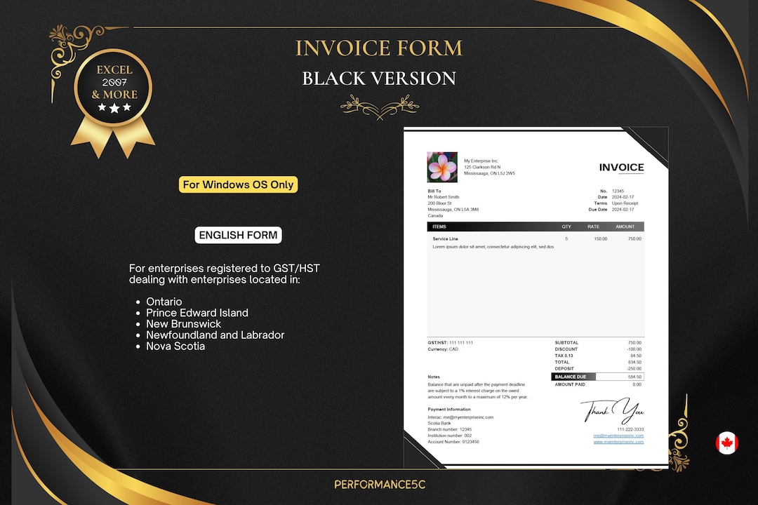 Black Excel Invoice Form English Version Canada for Windows OS - Etsy