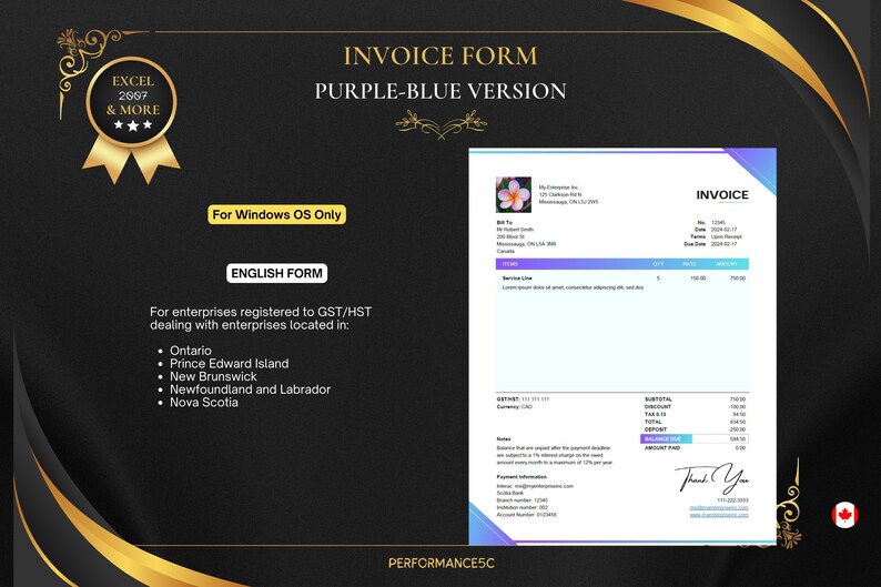 Purple Blue Excel Invoice Form English Version Canada for Windows OS - Etsy