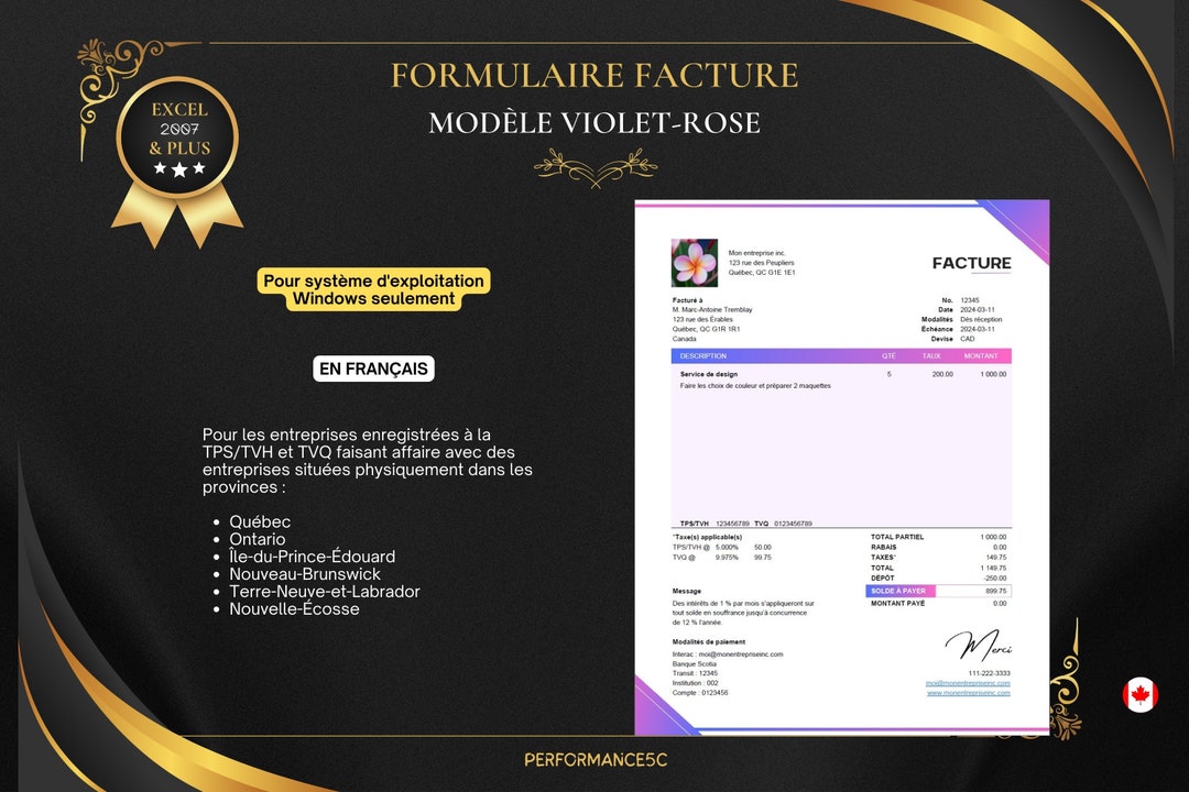 Invoice Form Template Purple Pink French Quebec Canada Windows System ...