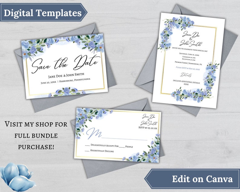 Wedding Invitation Template, Blue Floral Digital Download, Editable ...