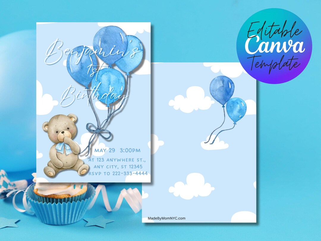 Blue Bear Birthday Invitation - Editable Template - Blue Balloons - Etsy