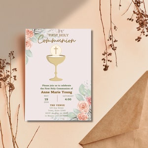 First Holy Communion Invite - Printable Blush Party Invite Editable ...