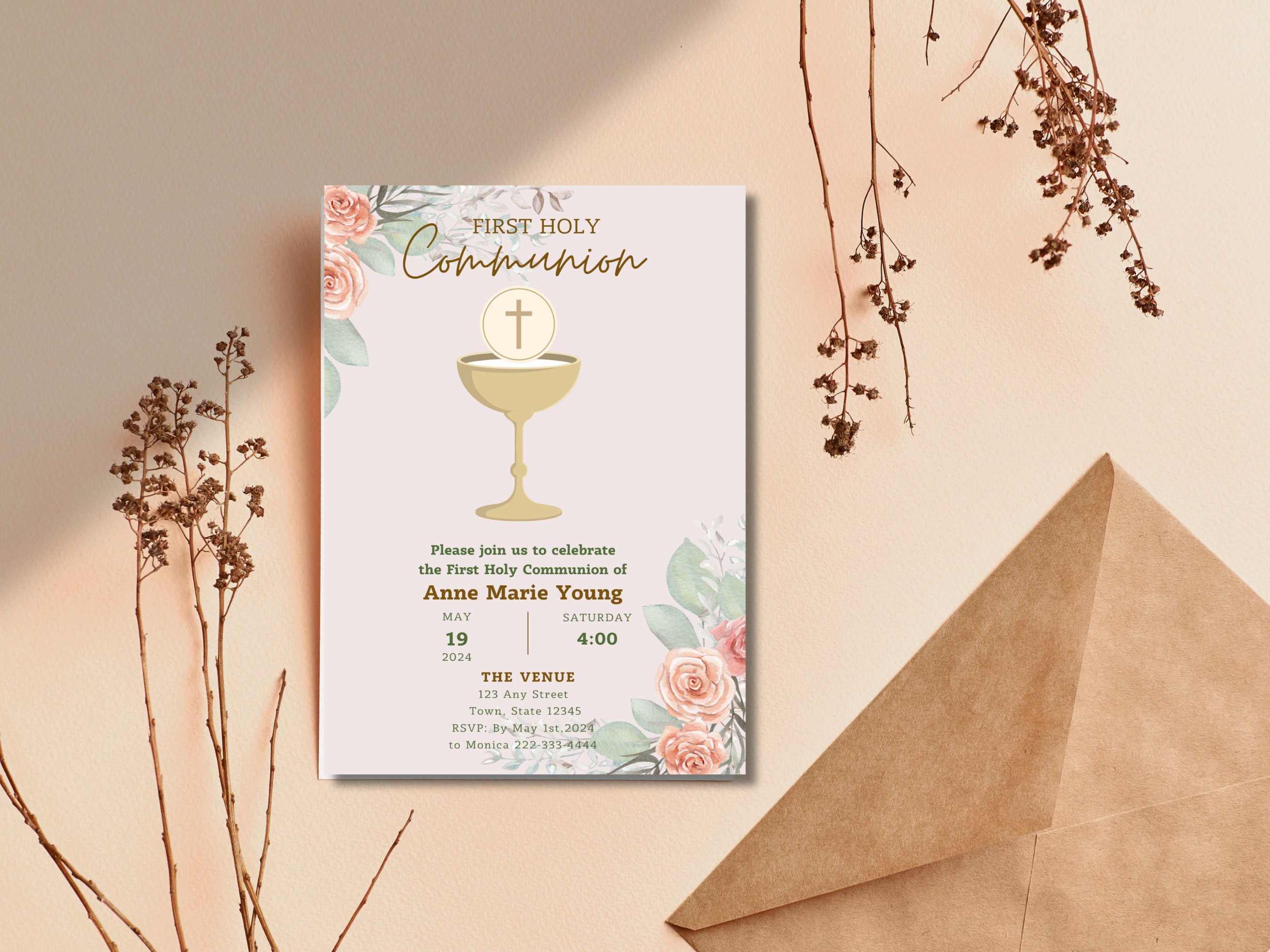 First Holy Communion Invite Printable Blush Party Invite Editable