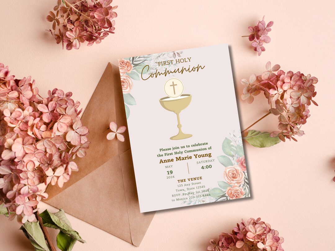 First Holy Communion Invite Printable Blush Party Invite Editable
