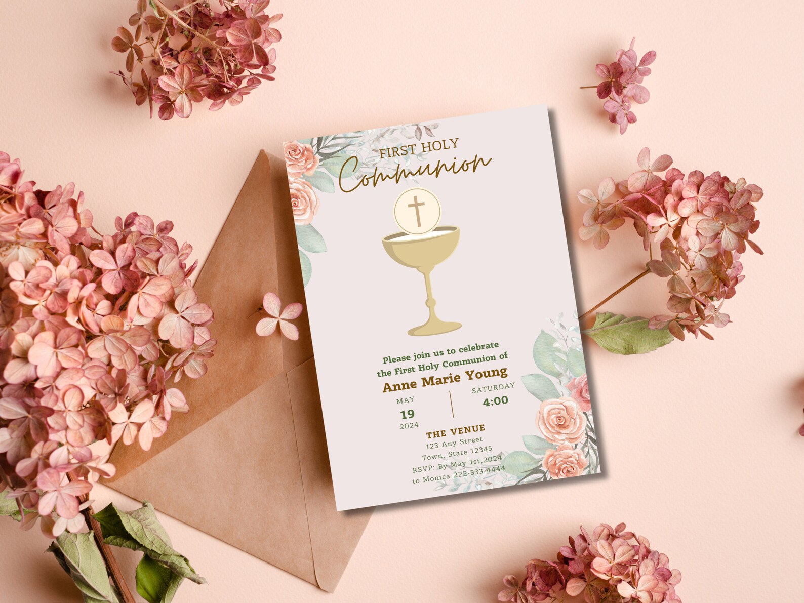 First Holy Communion Invite - Printable Blush Party Invite Editable ...