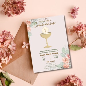 First Holy Communion Invite - Printable Blush Party Invite Editable ...