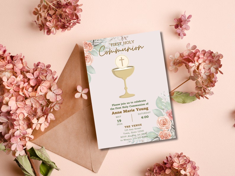 First Holy Communion Invite - Printable Blush Party Invite Editable ...