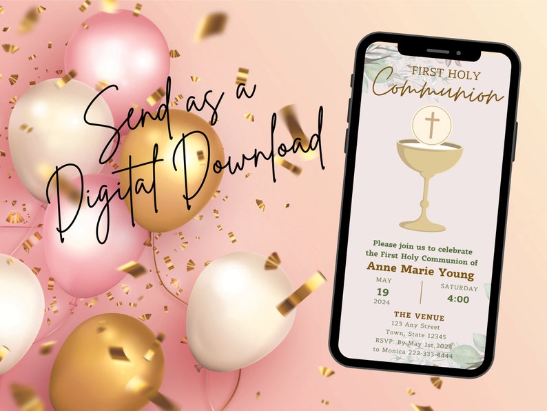 First Holy Communion Invite Printable Blush Party Invite Editable ...
