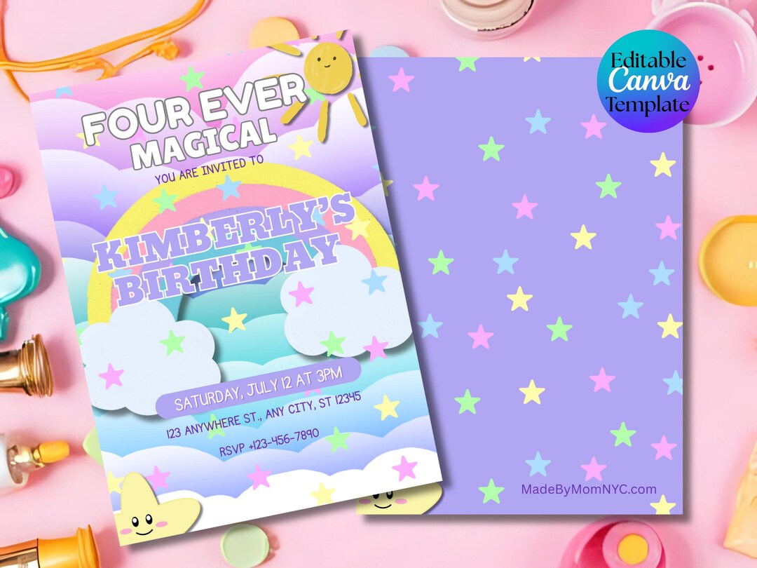 Four Ever Magical Birthday Invitation | Unicorn Fairy Princess Party ...