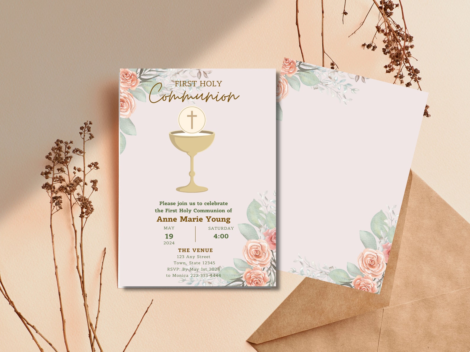 First Holy Communion Invite - Printable Blush Party Invite Editable ...