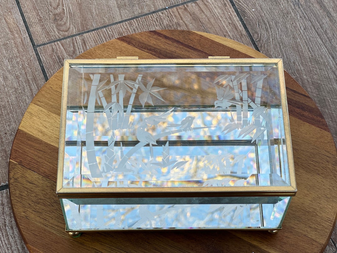 Vintage Brass and Glass Display Box With Etched Bird/bamboo Design ...