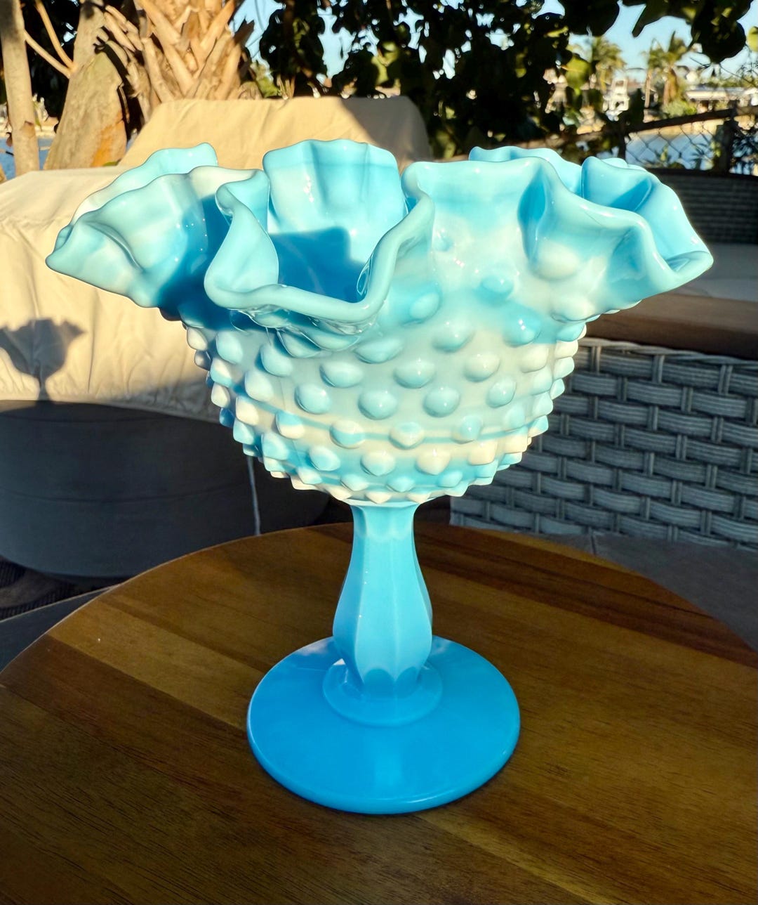 Vintage Fenton Blue and White Slag Hobnail Art Glass, Double Crimped ...