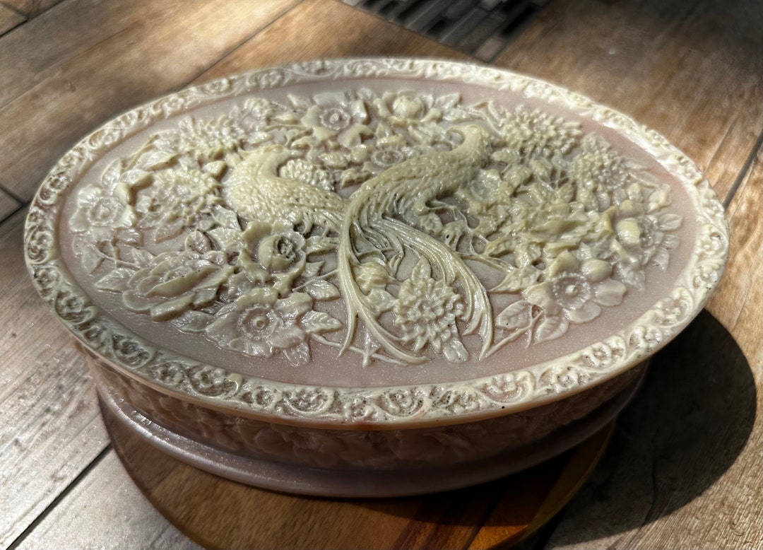 Vintage Genuine Incolay Pink and White Stone With Embossed Birds of ...