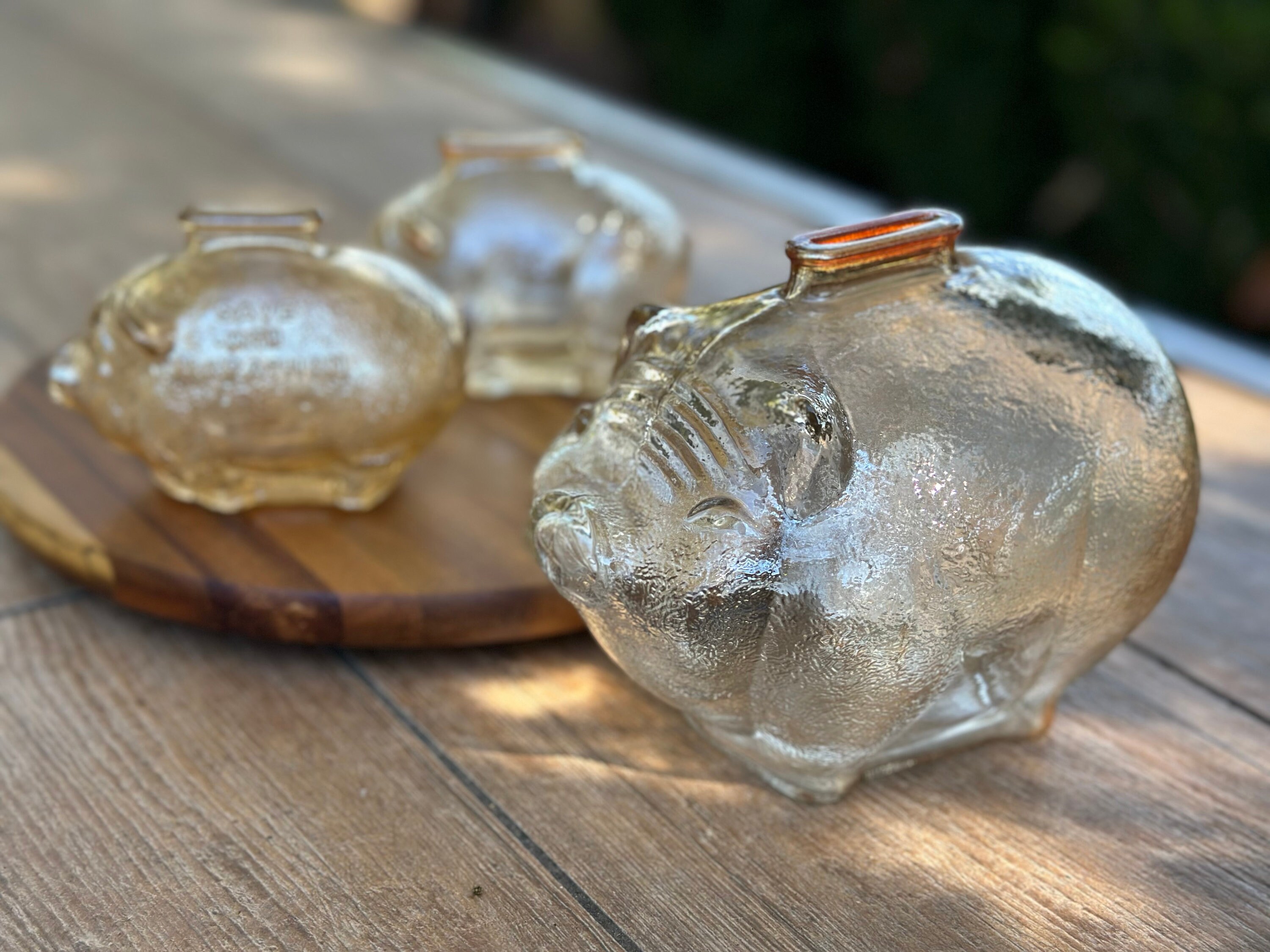 Vintage Anchor Hocking Glass Piggy Banks, Two Sizes and Advertising ...