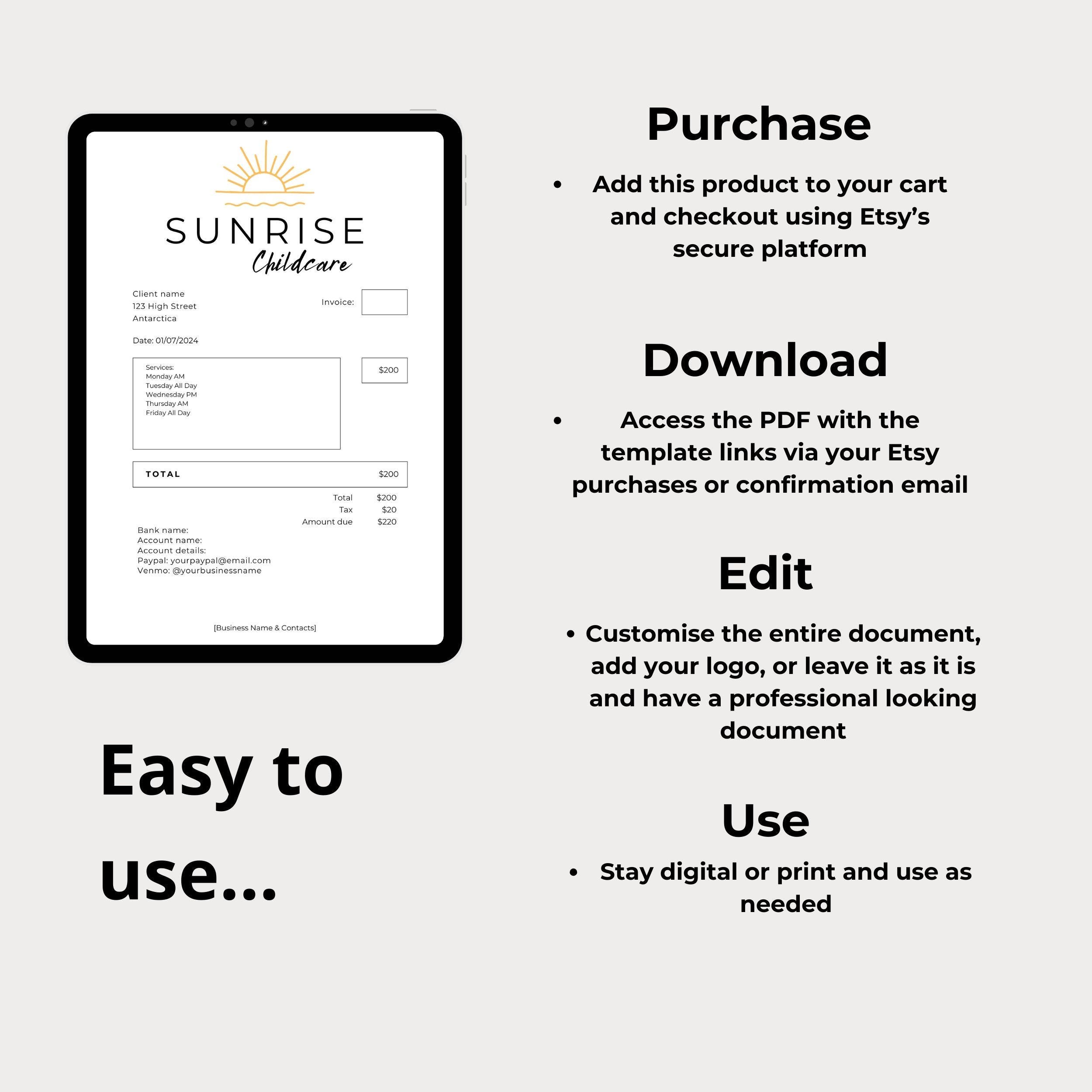 Childcare Invoice Template, Daycare Invoice, Bill Template, Canva ...