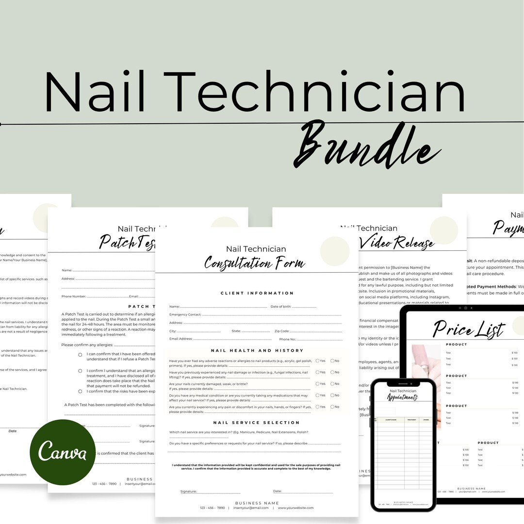 Nail Technician Forms Bundle: Client Intake, Consent, Business Card ...