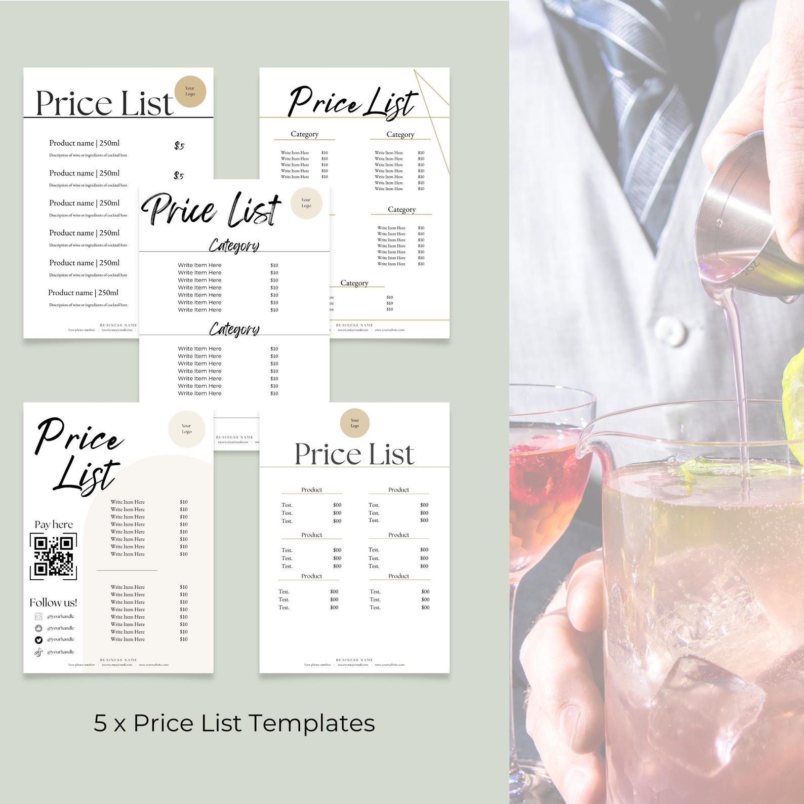 Mobile Bartending Template Bundle: Contract, Flyers, Menu (canva ...