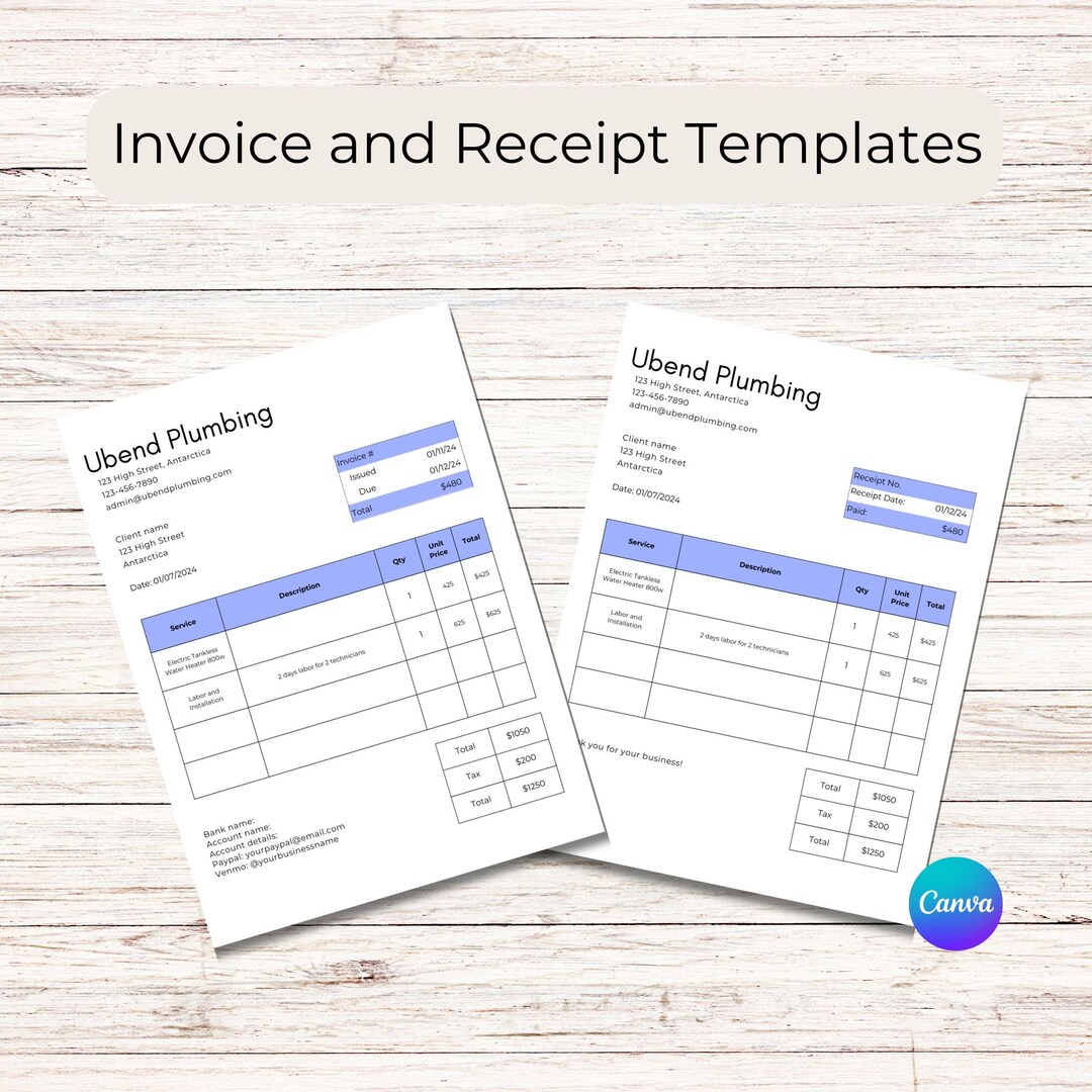 Plumbing Invoice Template: Printable Service Receipt (canva Editable ...