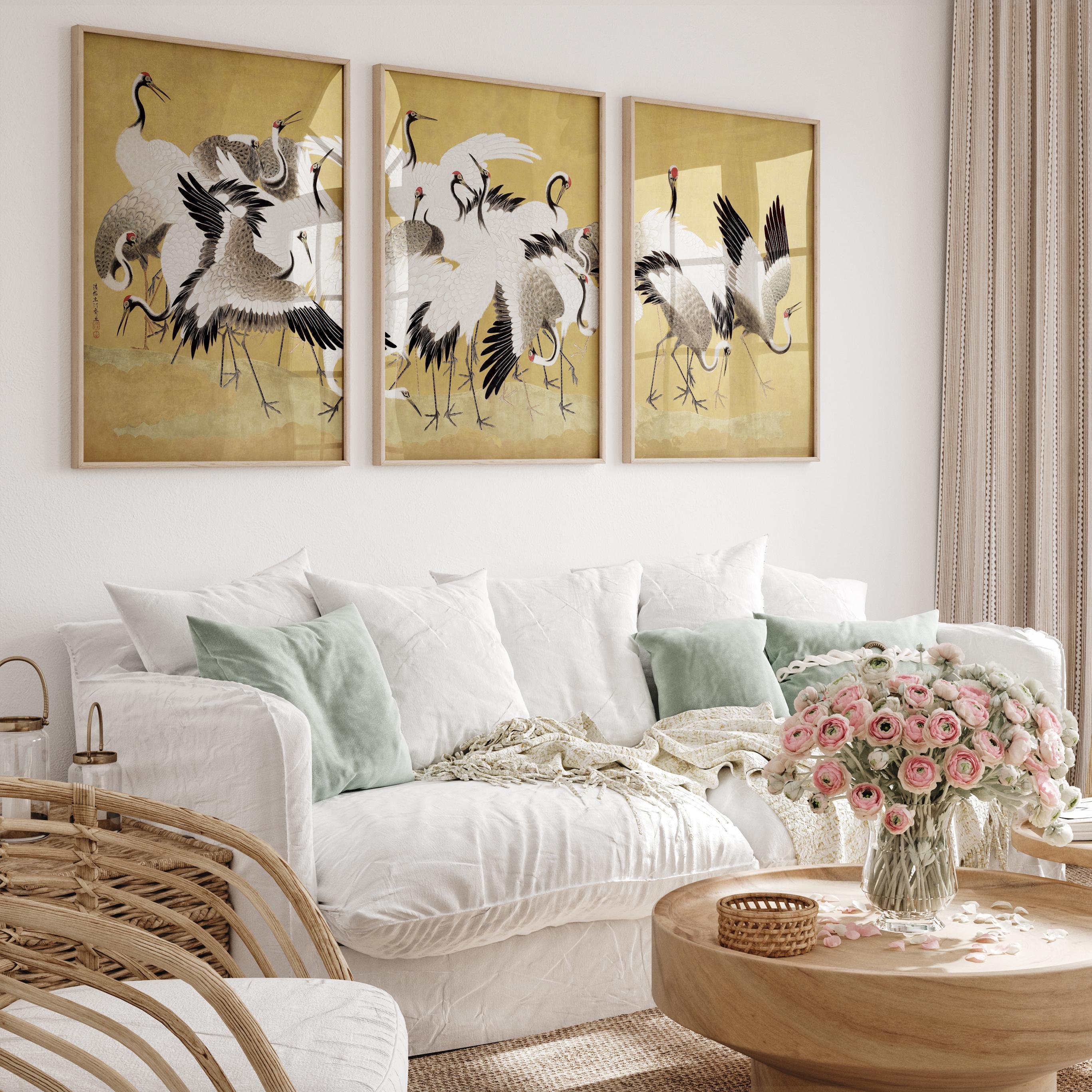Japanese Crane Art | Gold Leaf Triptych Wall Print | Elegant Asian ...
