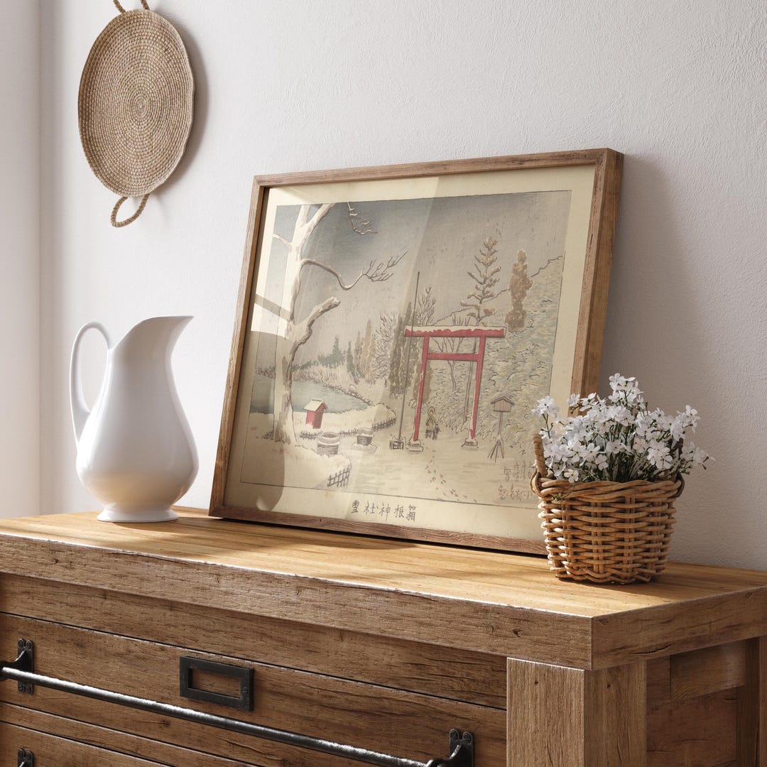 Ukiyo-e Print, Japanese Winter Landscape, Snowy Scene, Tori Gate ...