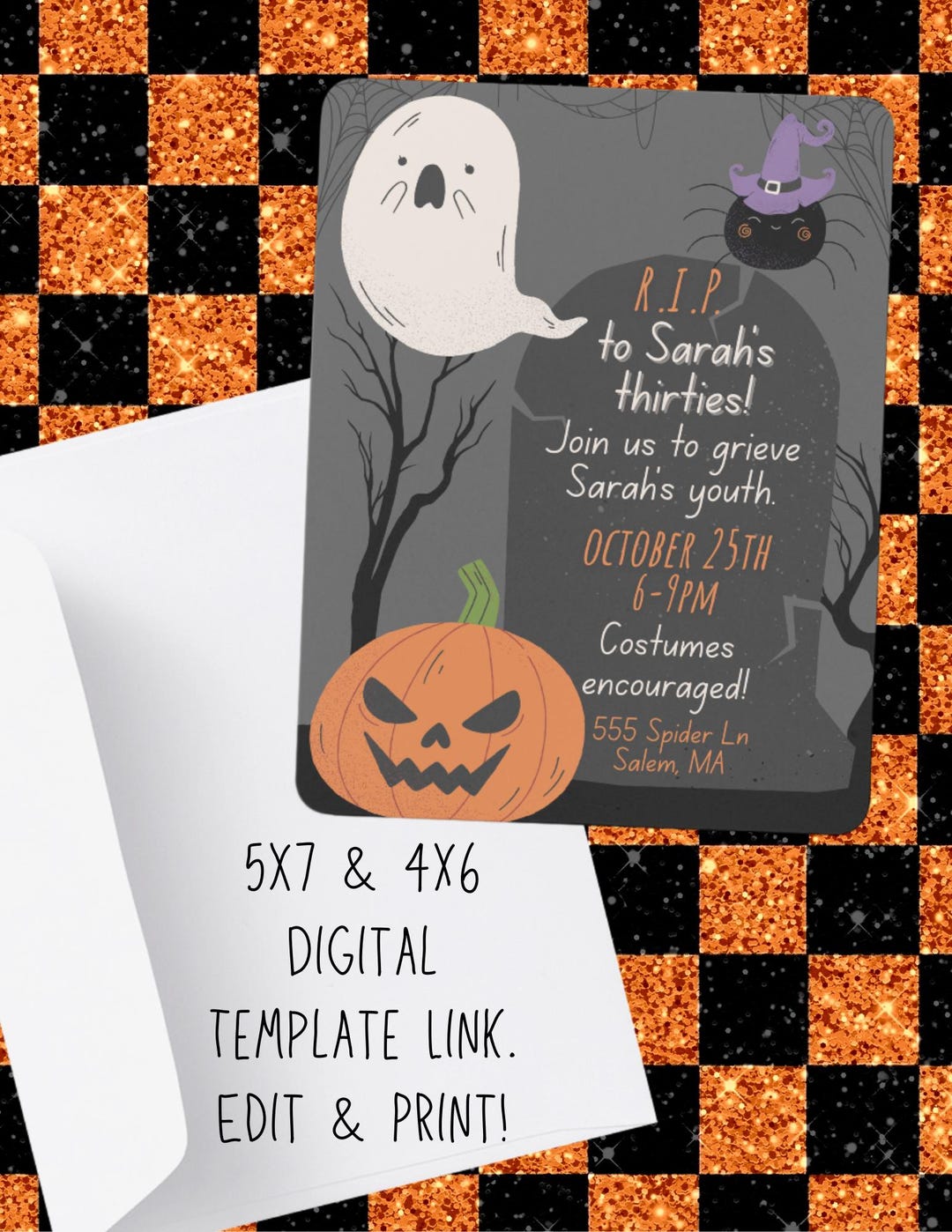 Halloween Ghost, Spider, Pumpkin Birthday Party Invitation Template ...