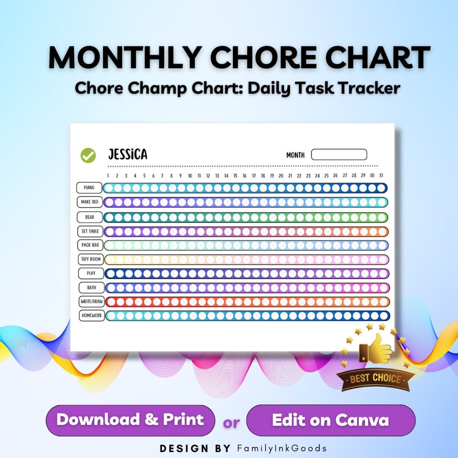 Monthly Kids Chore Chart, Simple & Visual, Printable PDF or Editable on ...