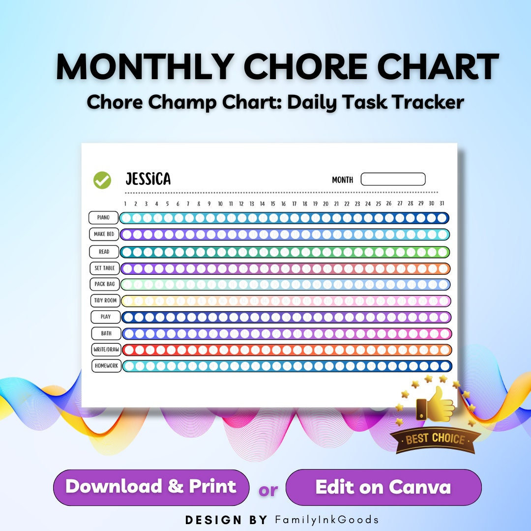 Monthly Kids Chore Chart, Simple & Visual, Printable PDF or Editable on ...