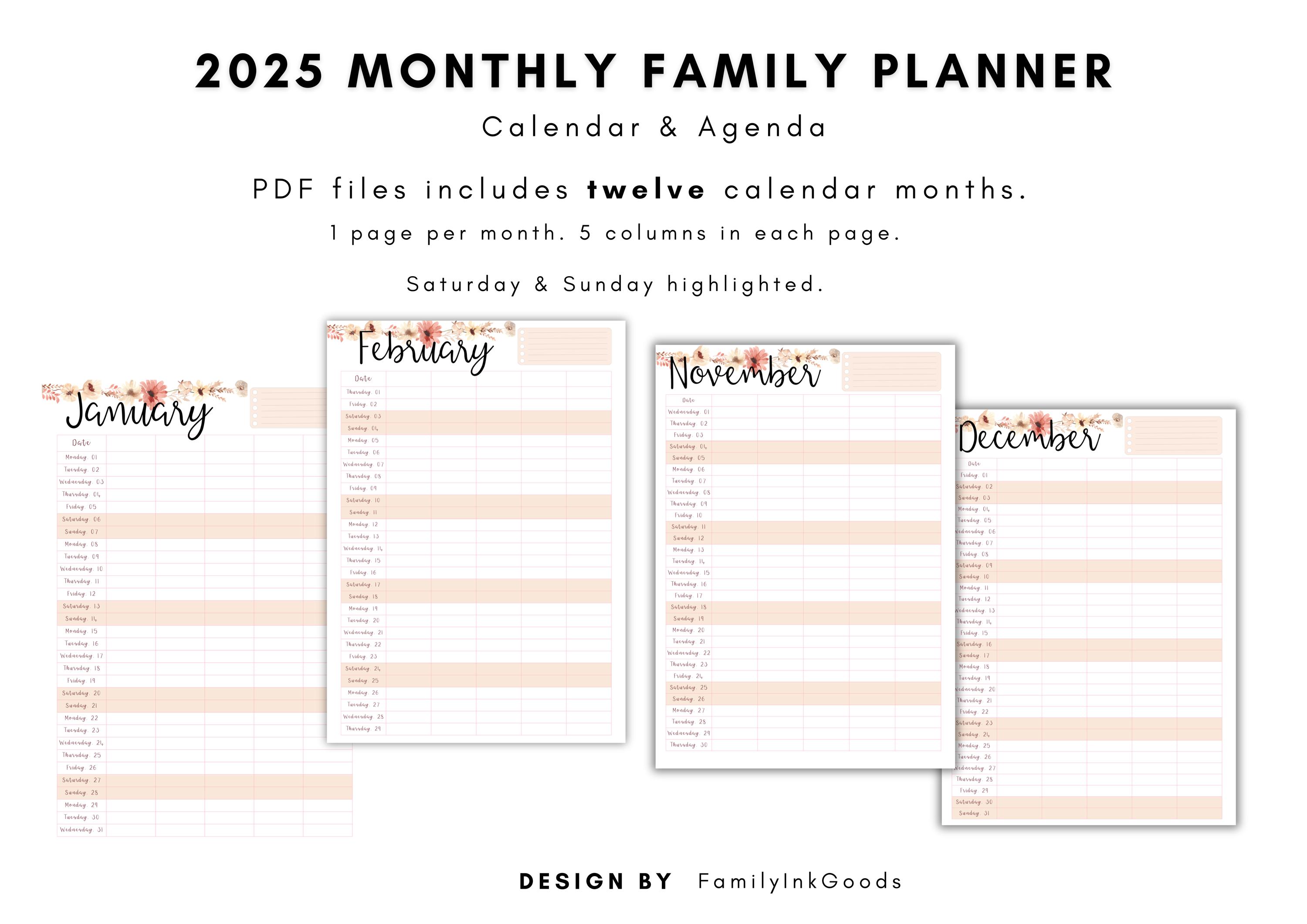 Printable Family Calendar 2025, Planner, Wall Calendar, Family ...