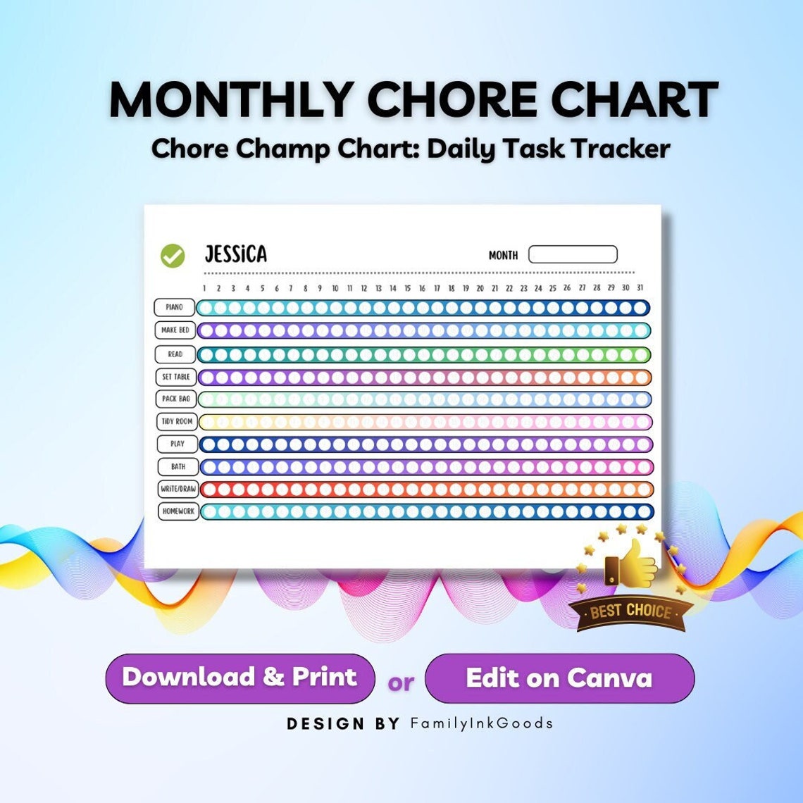 Monthly Kids Chore Chart, Simple & Visual, Printable PDF or Editable on ...