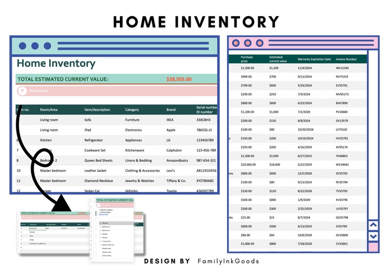Home Inventory Excel Template ∙ Family Shareable ∙ Asset Protection ∙ ...
