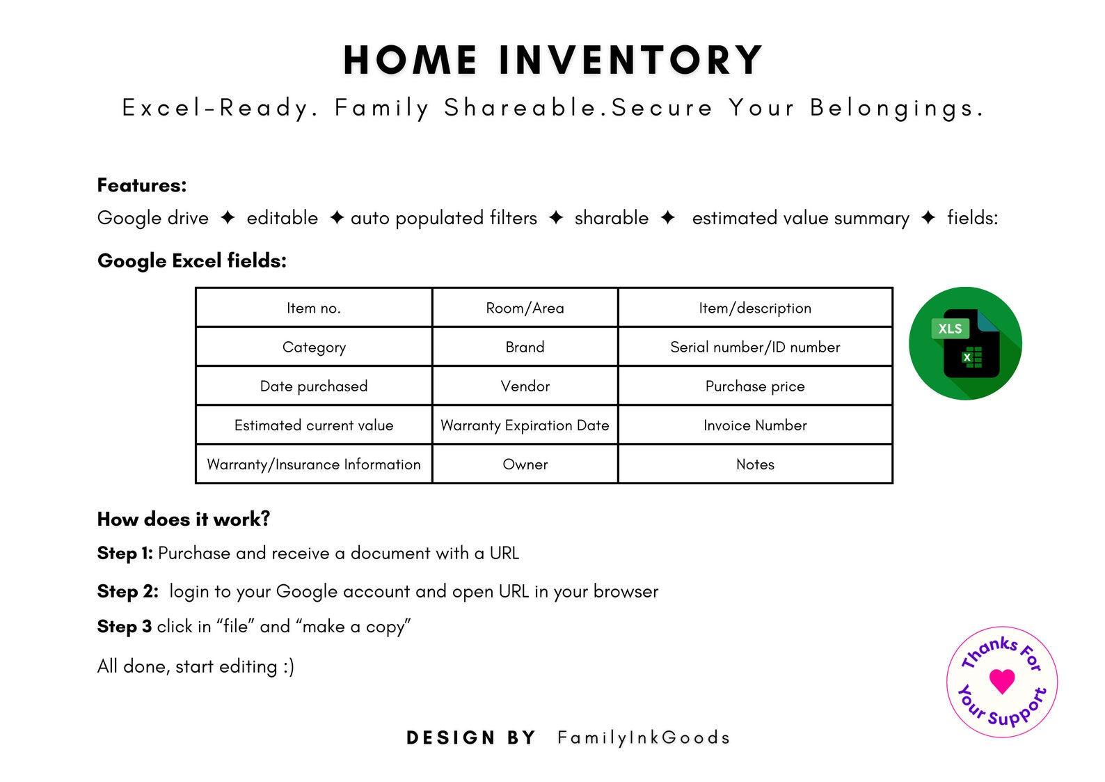 Home Inventory Excel Template ∙ Family Shareable ∙ Asset Protection ∙ ...