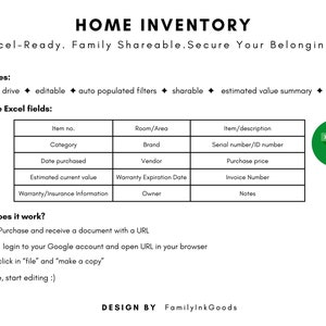 Home Inventory Excel Template ∙ Family Shareable ∙ Asset Protection ∙ ...