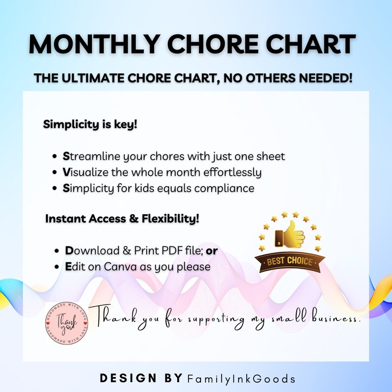 Monthly Kids Chore Chart, Simple & Visual, Printable PDF or Editable on ...