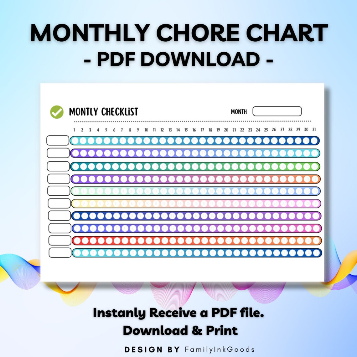Monthly Kids Chore Chart, Simple & Visual, Printable PDF or Editable on ...