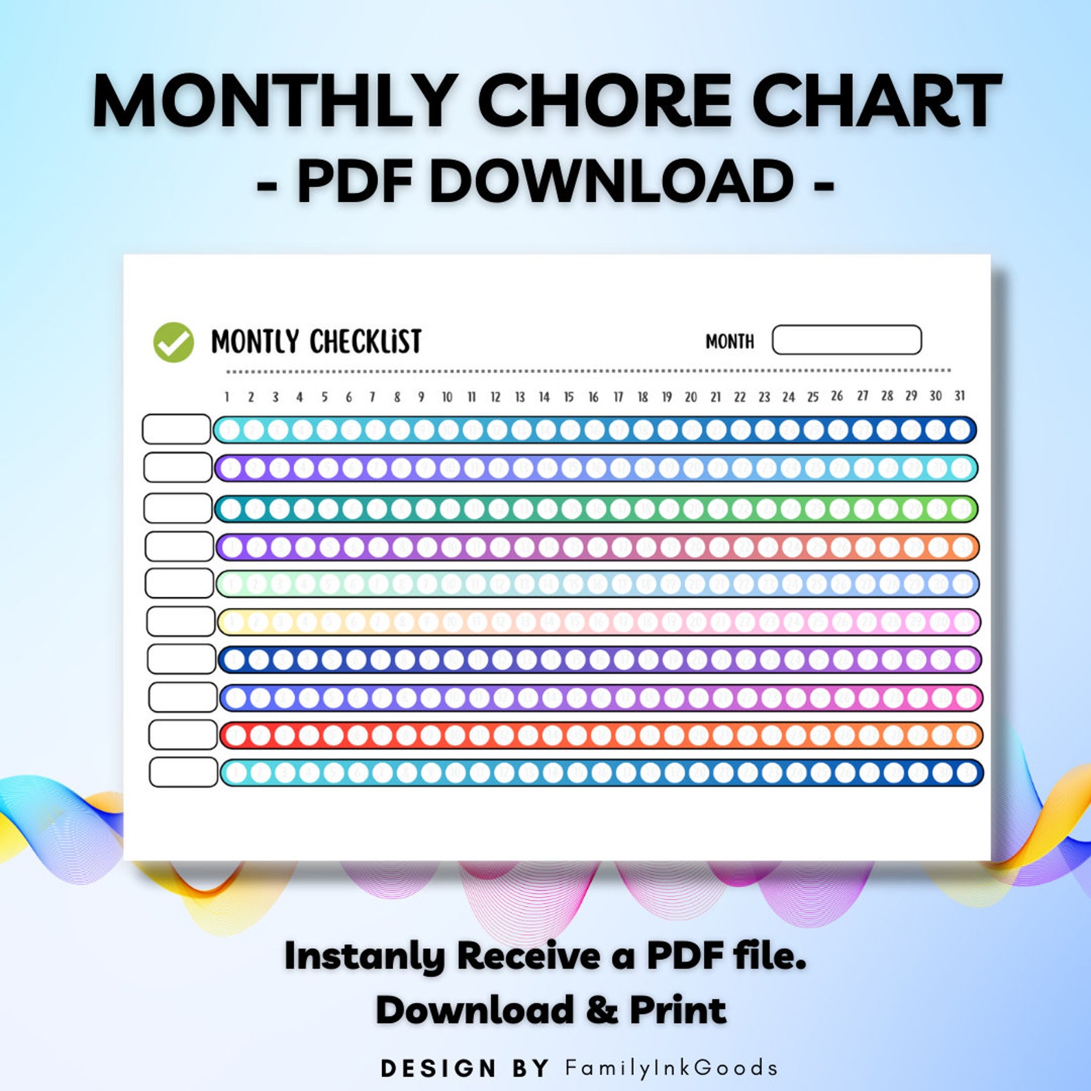 Monthly Kids Chore Chart, Simple & Visual, Printable PDF or Editable on ...