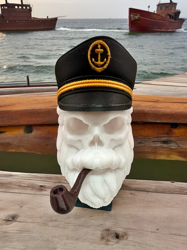 Bearded Skull Statues 3D Printed Wizard, Ball Cap & Boat Captain Unique ...