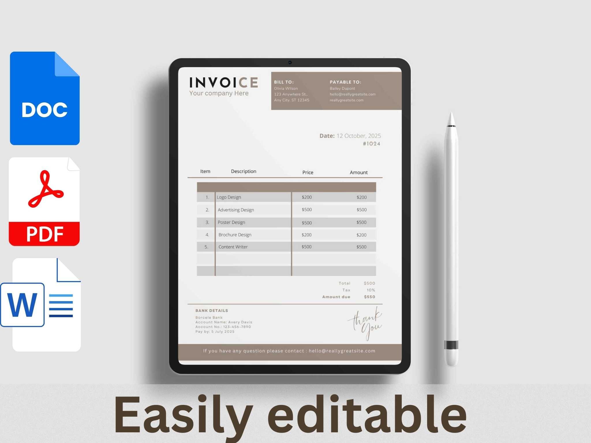Modern Template Editable Invoice. Invoice Template. Pdf-google Docs ...