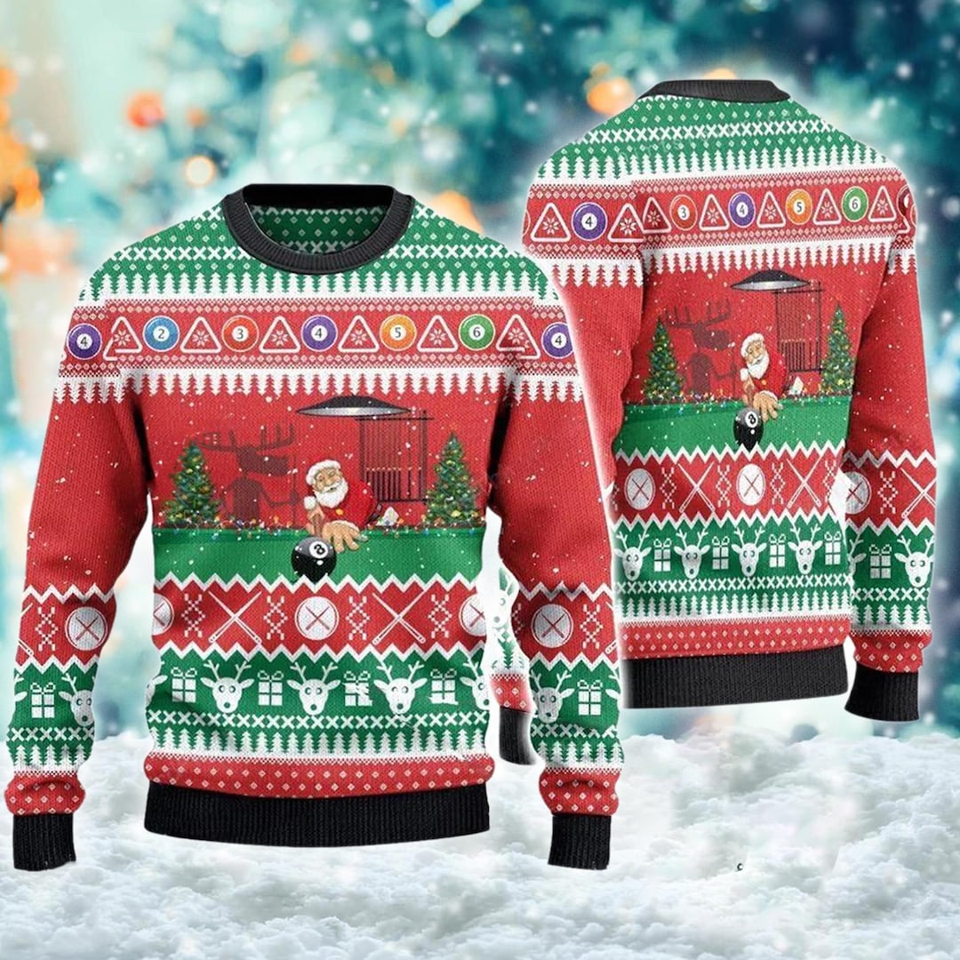 Santa Playing Billiard Ugly Christmas Sweater, Billiards Xmas ...