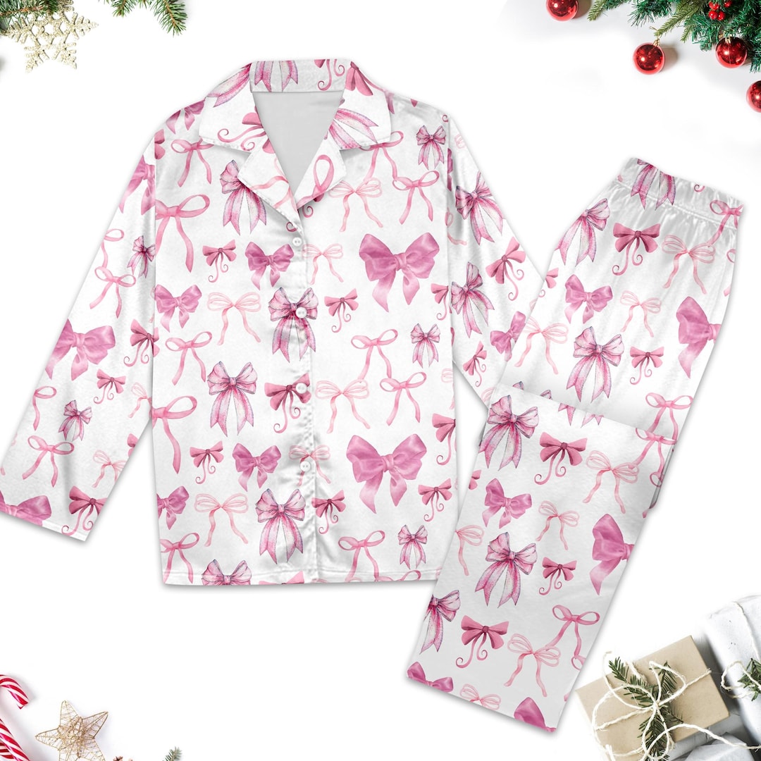 Coquette Pink Bow Cute Pajamas Set, Girly Matching Pajama Set, Pink Bow ...
