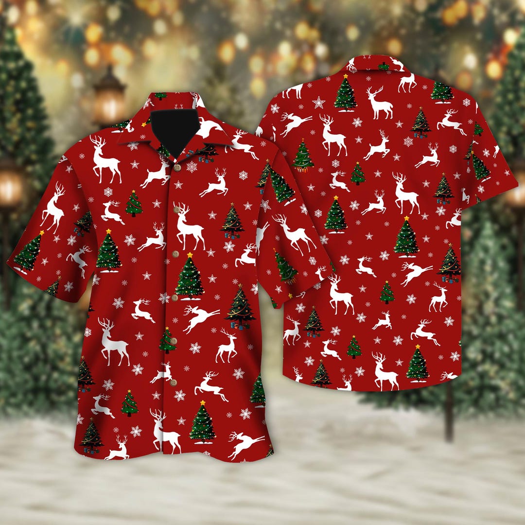 Christmas Reindeer Button Up, Christmas Themed Hawaiian Shirt ...