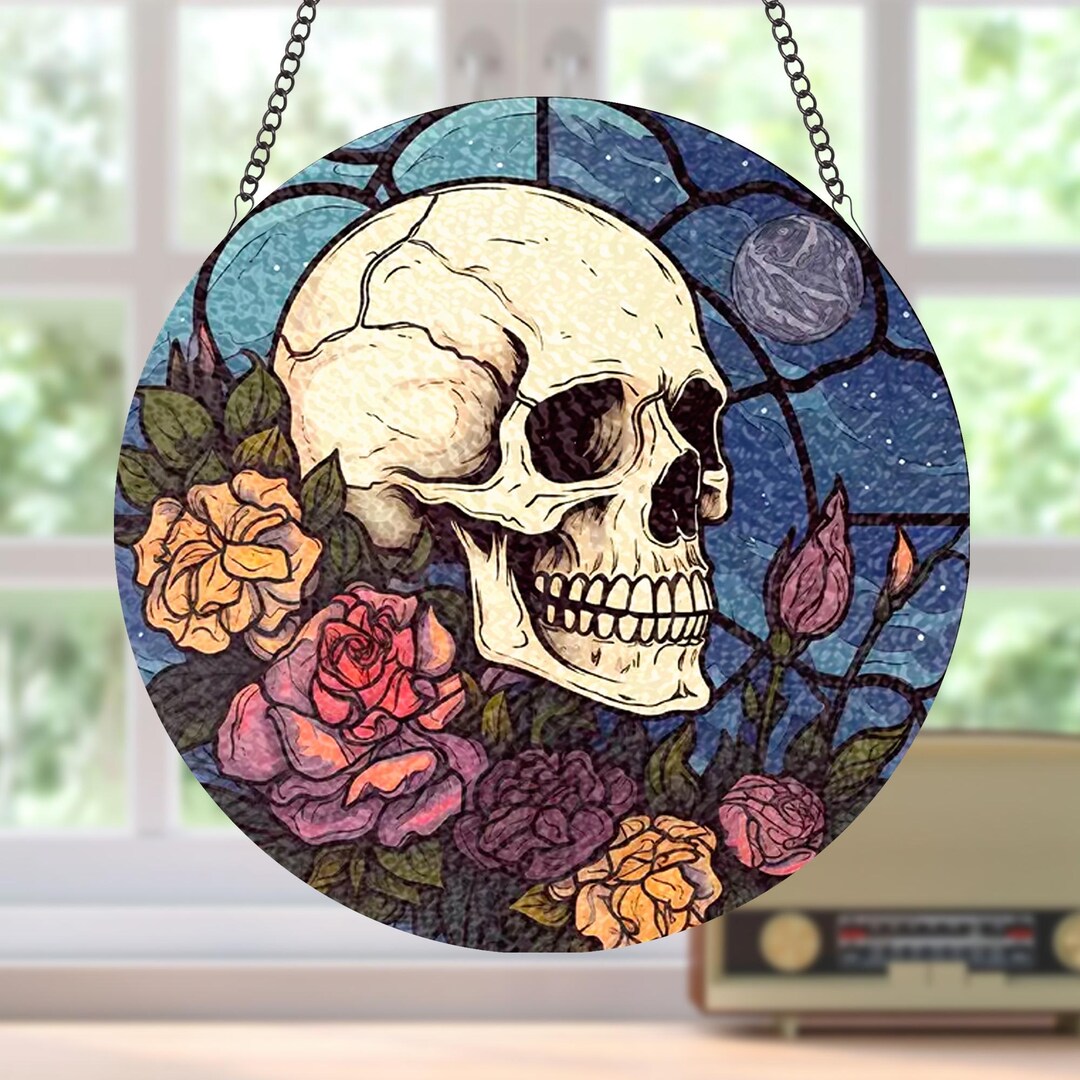 Skull Skeleton Stained Glass Suncatcher for Window, Halloween Home ...