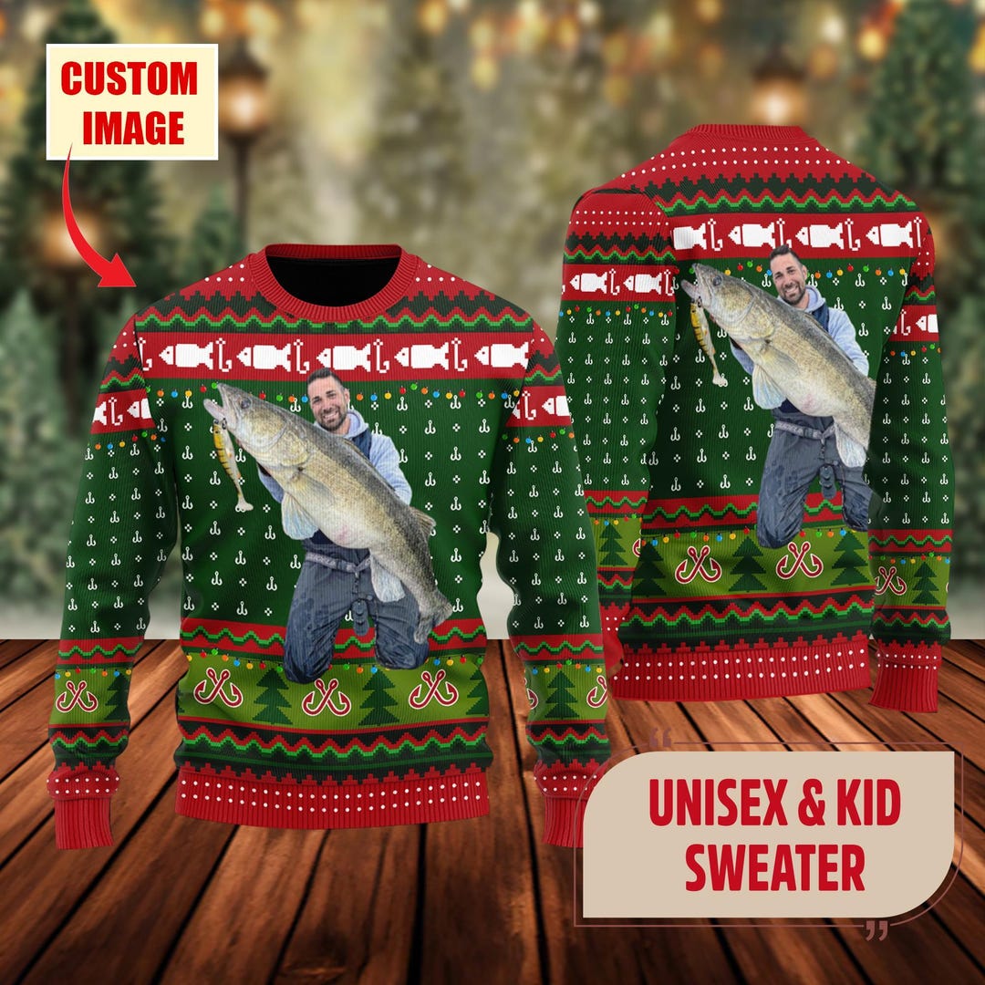 Personalized Photo Fishing Christmas Ugly Sweater, Merry Fishmas Ugly ...