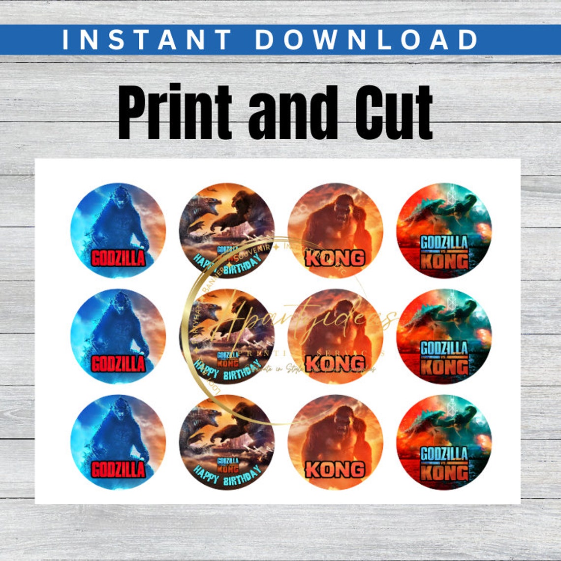 Godzilla Cupcake Topper Godzilla Vs Kong Cupcake Topper Printable ...