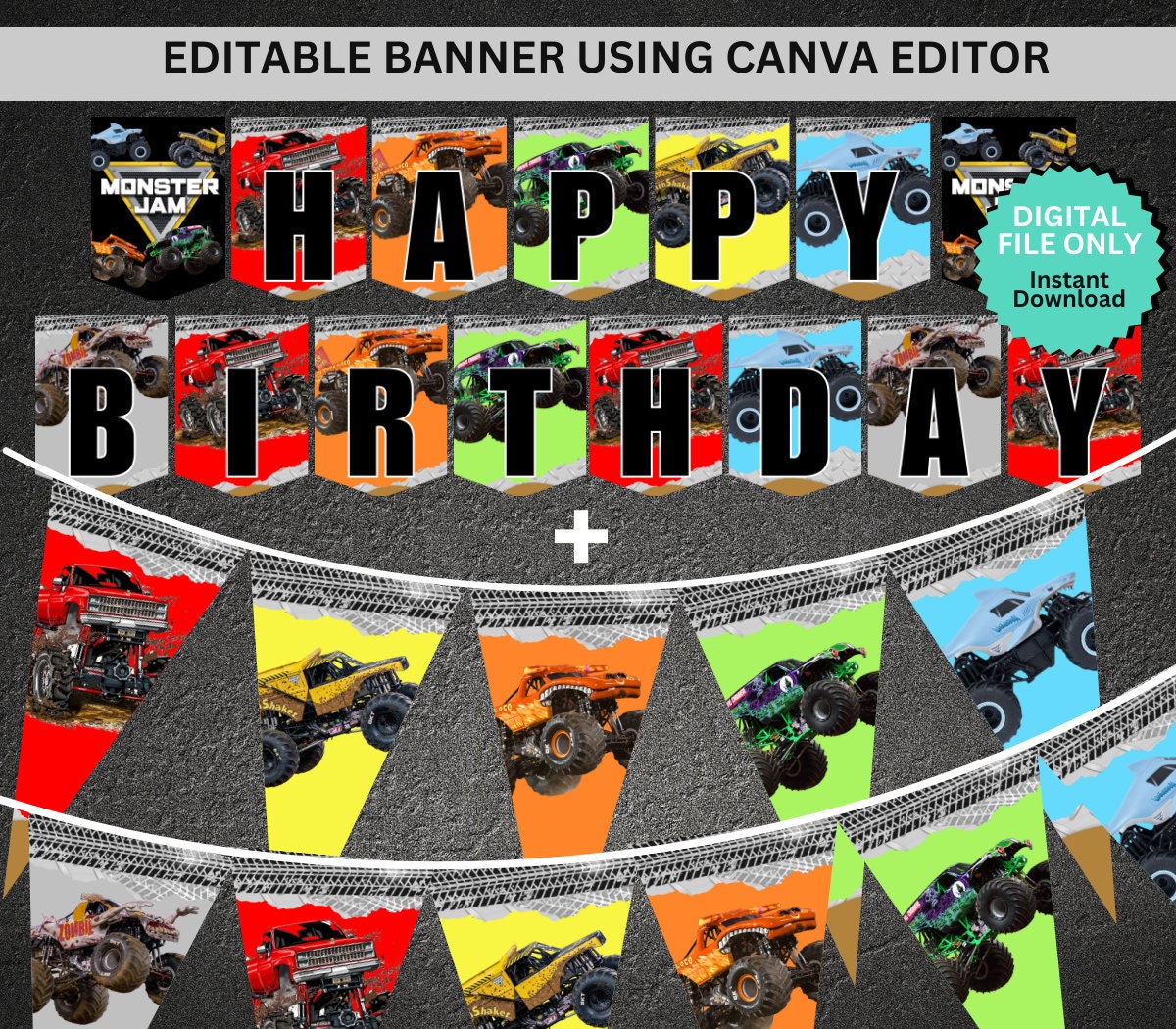 Monster Jam Party Happy Birthday Banner Truck Party Backdrop Monster ...